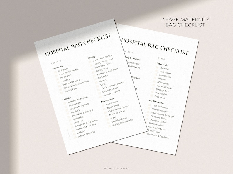 Hospital Bag Checklist Printable, Digital Maternity Bag Packing Guide ...