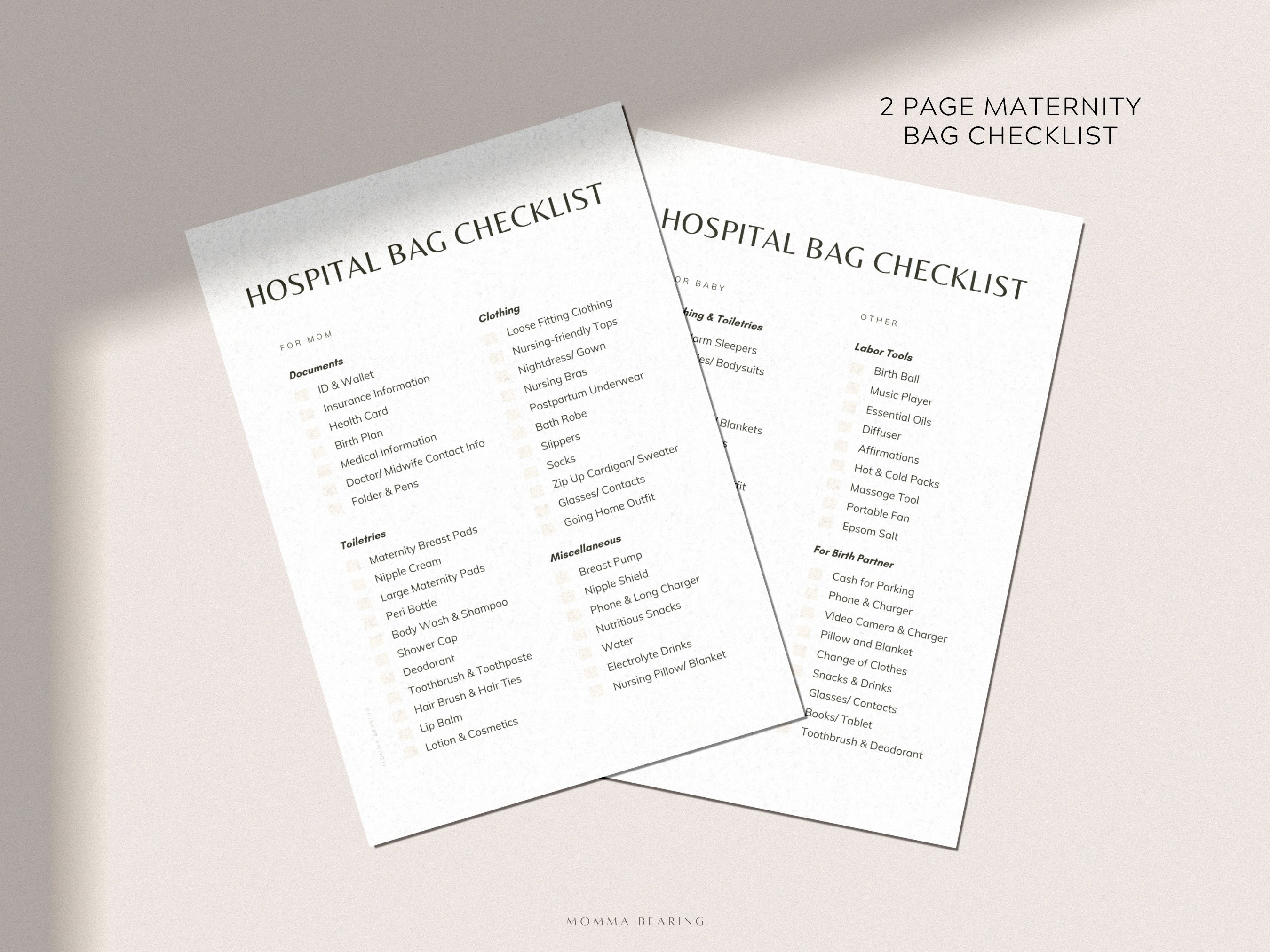 Hospital Bag Checklist Printable, Digital Maternity Bag Packing Guide ...