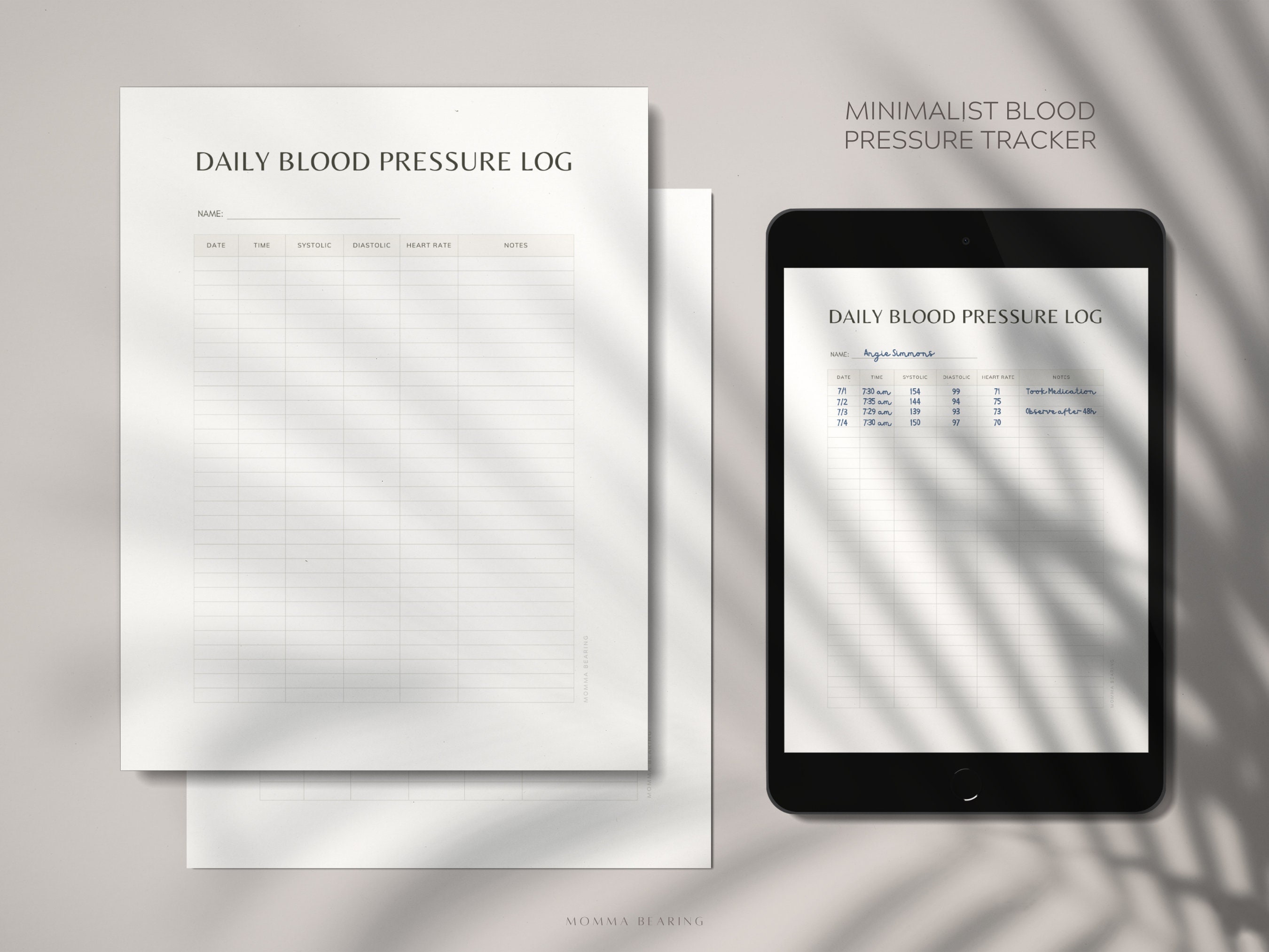 Daily Blood Pressure Log Printable, Hypertension Tracker, Personal ...