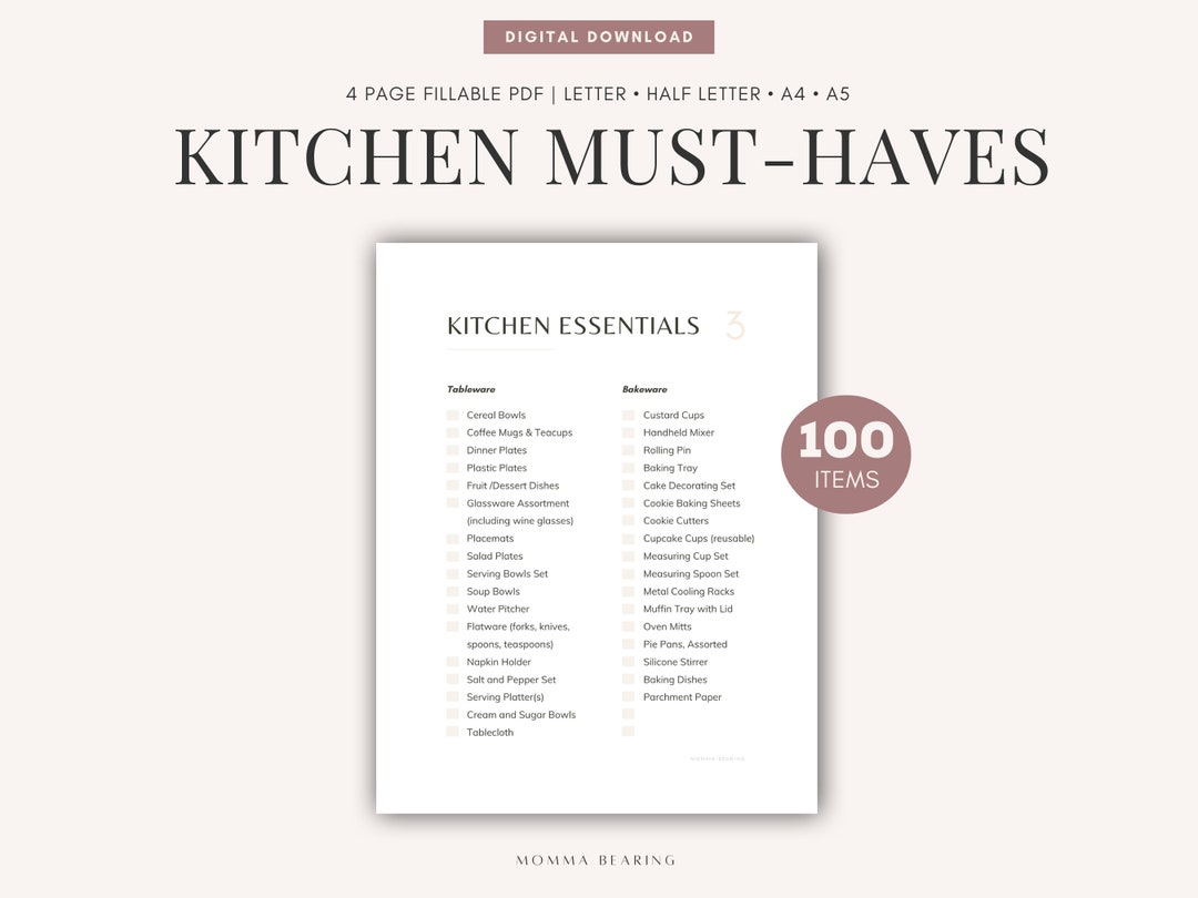 Kitchen Essentials Printable Checklist, Kitchen Inventory, Kitchen ...