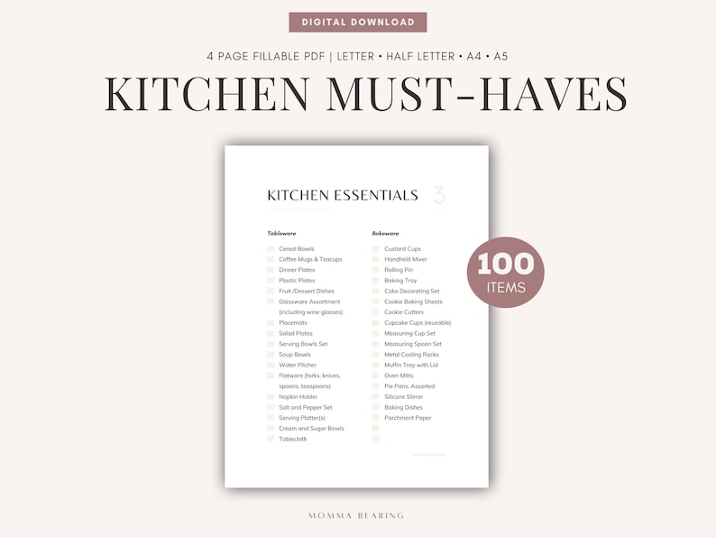 Kitchen Essentials Printable Checklist, Kitchen Inventory, Kitchen ...