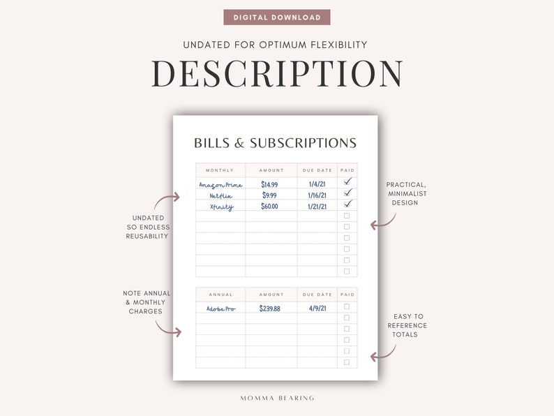 Bill and Subscription Tracker Printable, Monthly Recurring Bill Payment ...