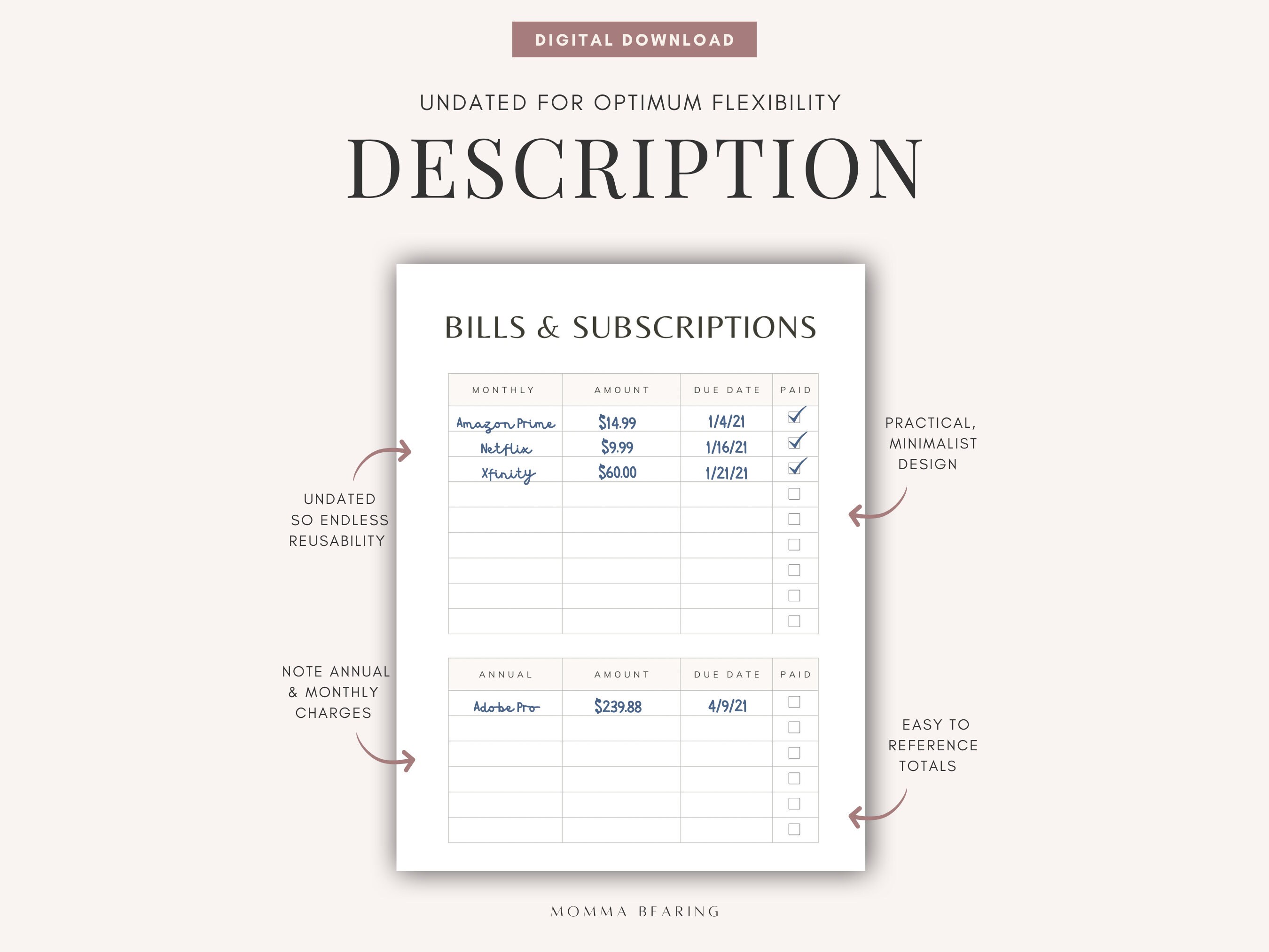 Bill and Subscription Tracker Printable, Monthly Recurring Bill Payment ...
