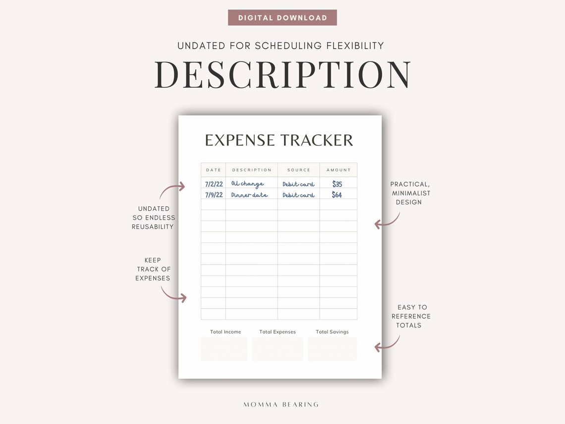 Simple Expense Tracker Printable, Spending Tracker, Transaction Log ...