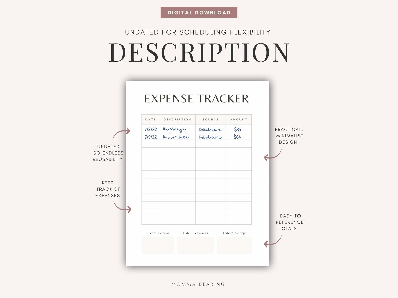 Simple Expense Tracker Printable, Spending Tracker, Transaction Log ...