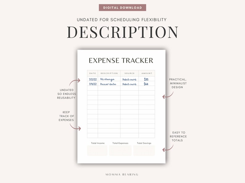 Simple Expense Tracker Printable, Spending Tracker, Transaction Log ...