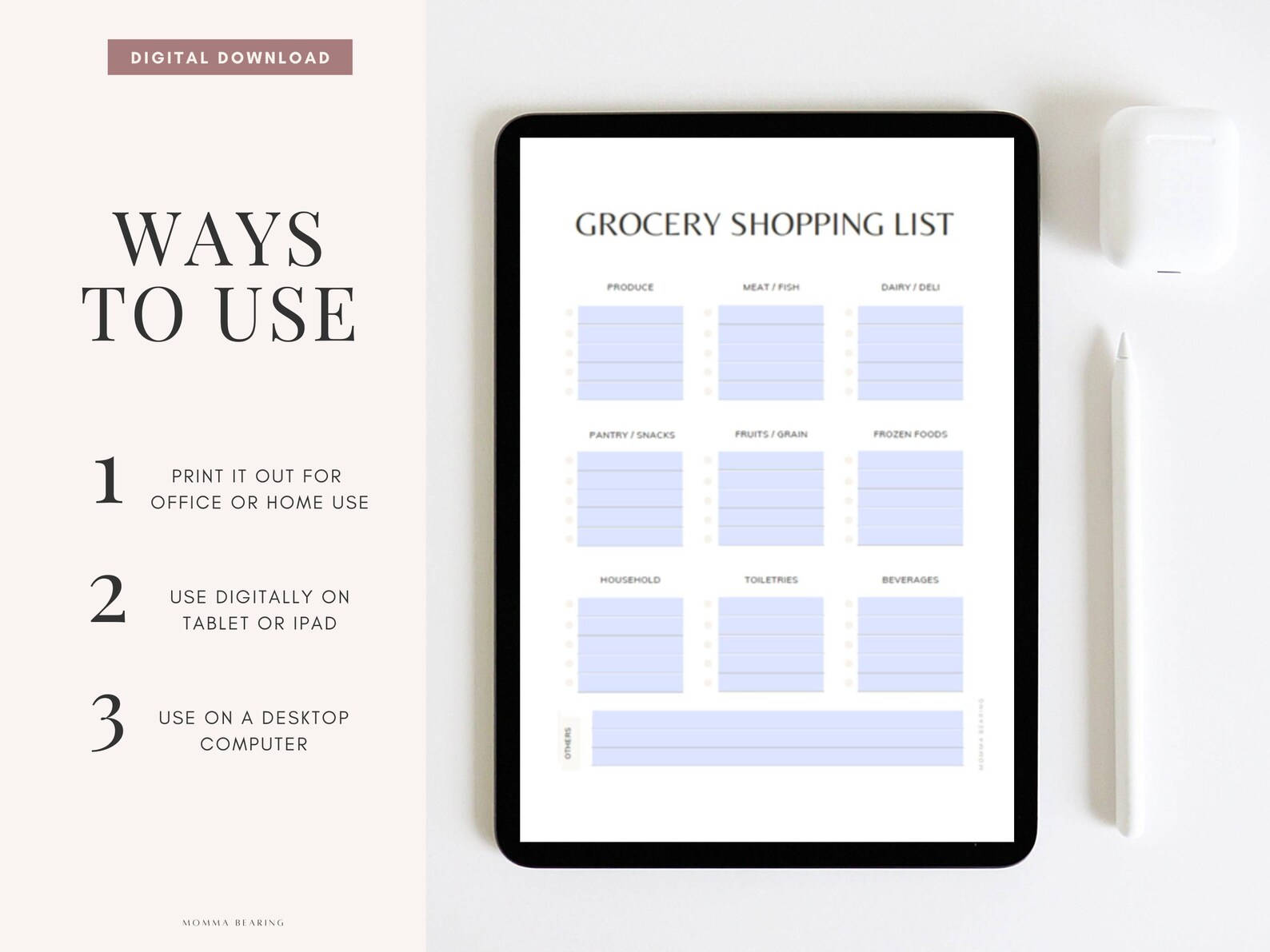 Grocery Shopping List Printable, Weekly Food Shopping PDF, DIY Kitchen ...