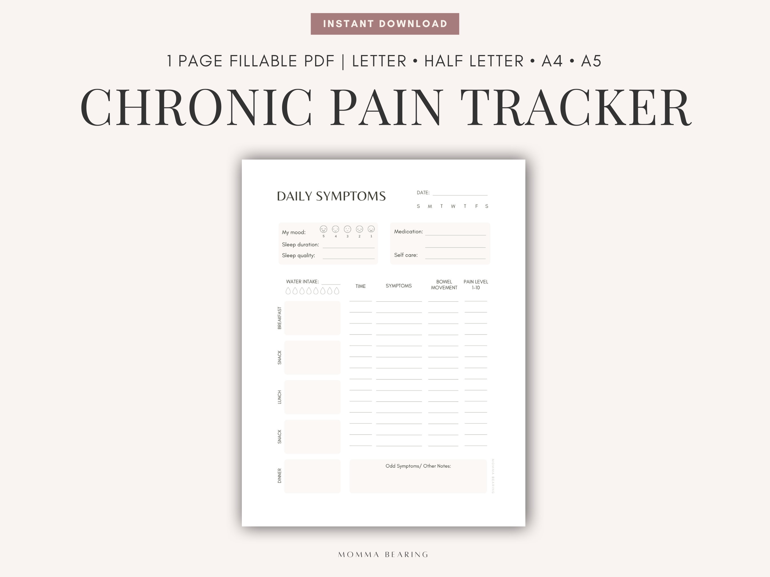 Daily Chronic Pain Tracker, Printable FND Symptom Journal, Digital ...