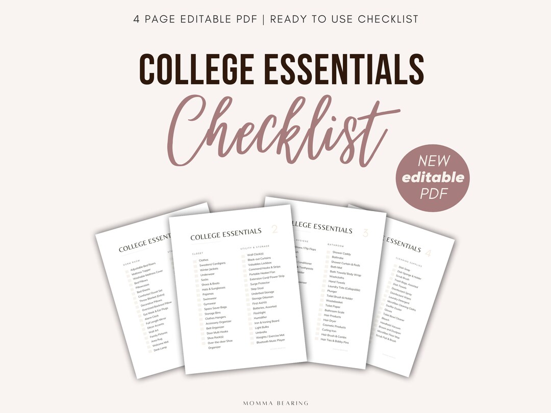 Best College Essentials Checklist, Printable Dorm Room Packing List A4 ...