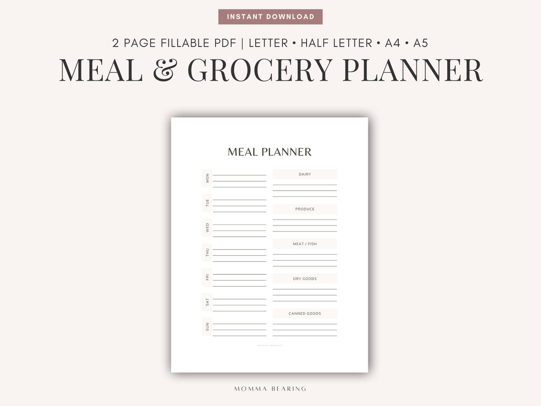 Meal & Grocery Planner Printable, Undated 7 Day Meal Plan, Easy Healthy ...