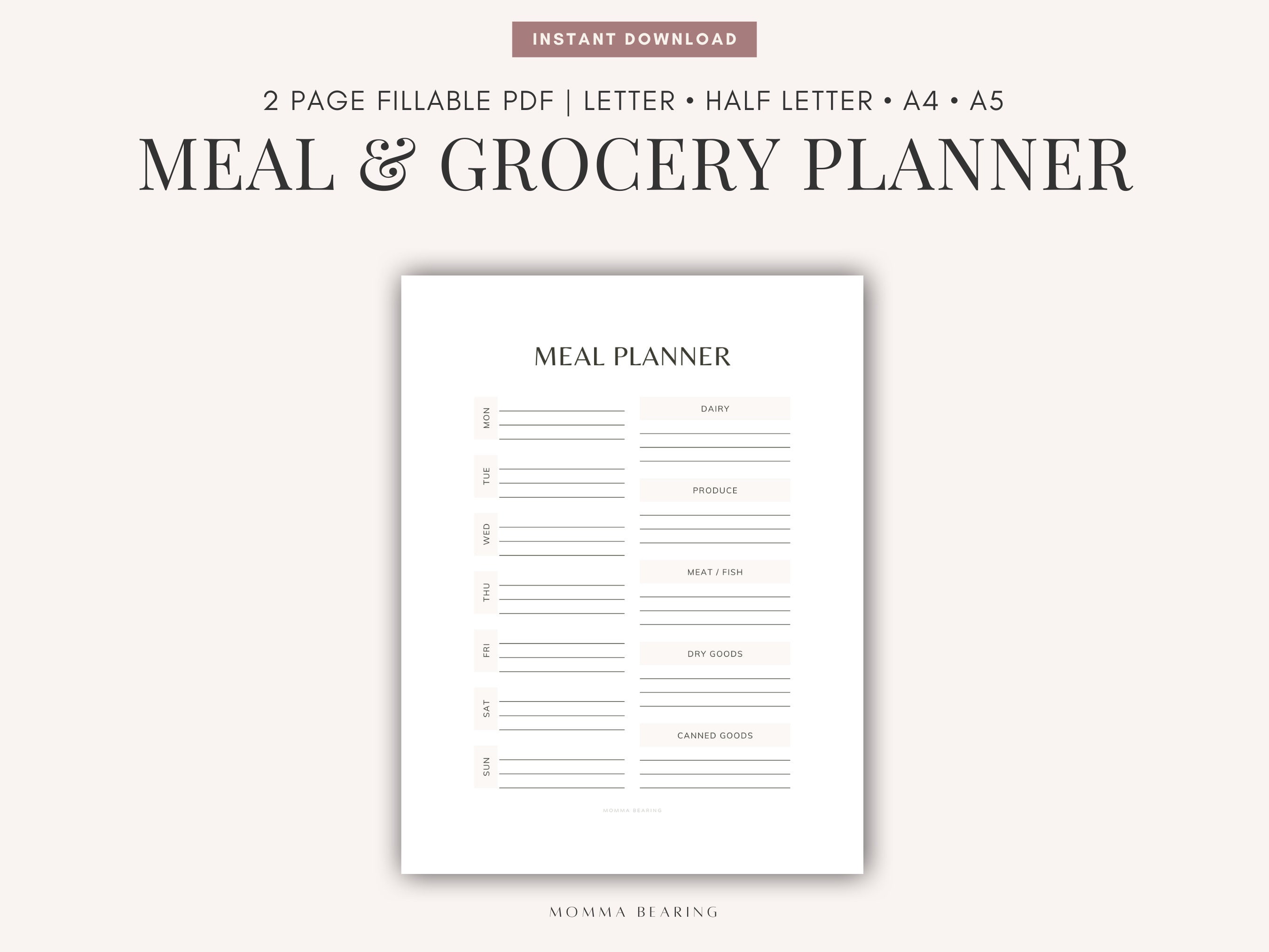 Meal & Grocery Planner Printable, Undated 7 Day Meal Plan, Easy Healthy ...