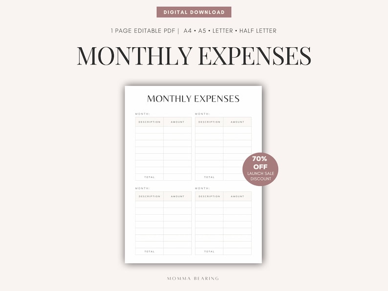 Monthly Expense Tracker Printable, Minimalist Spending Log PDF, Bill ...