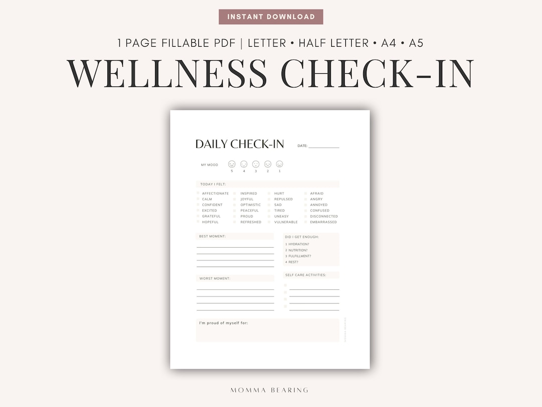 Daily Wellness Check In, Simple Printable Mood Tracker, Self Therapy ...