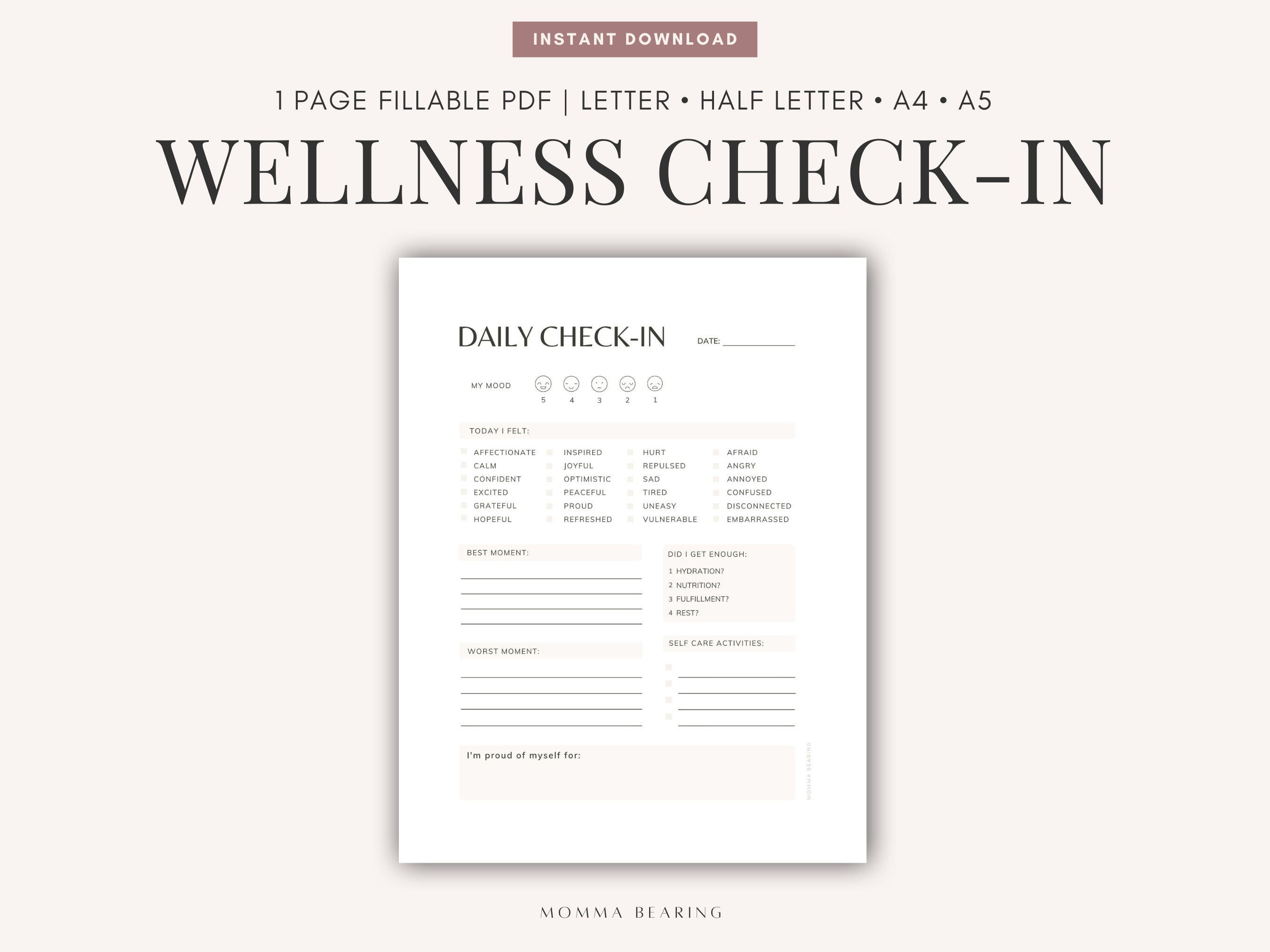 Daily Wellness Check In, Simple Printable Mood Tracker, Self Therapy ...