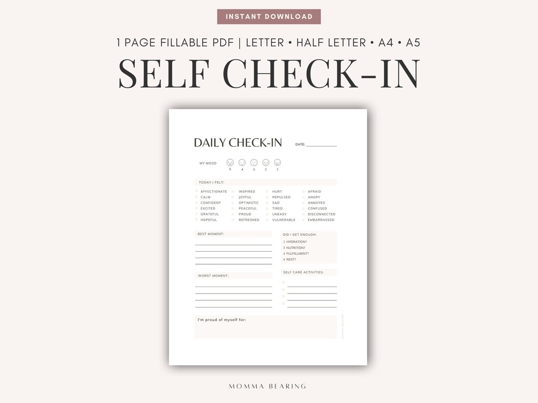 Daily Self Check In, Printable Mood Tracker, Wellness Worksheet for ...