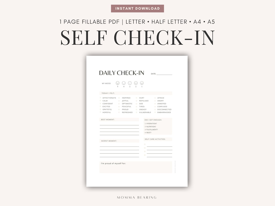 Daily Self Check In, Printable Mood Tracker, Wellness Worksheet for ...
