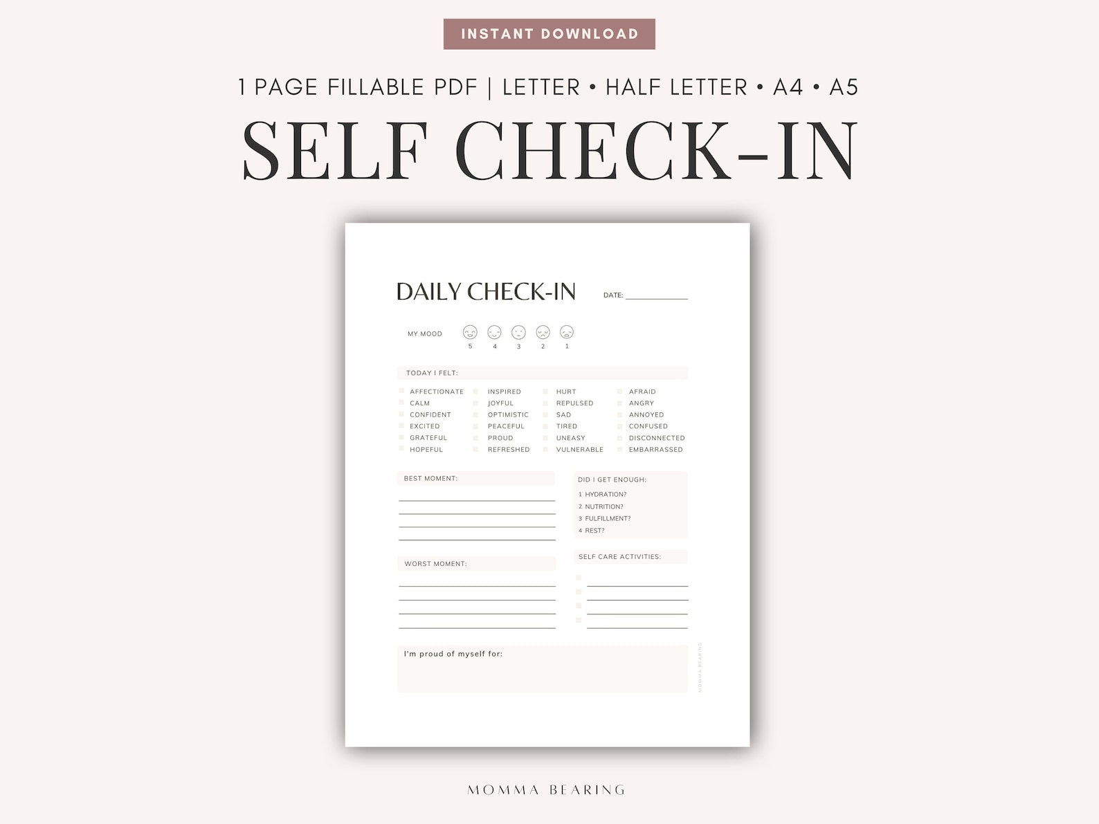 Daily Self Check In, Printable Mood Tracker, Wellness Worksheet for ...
