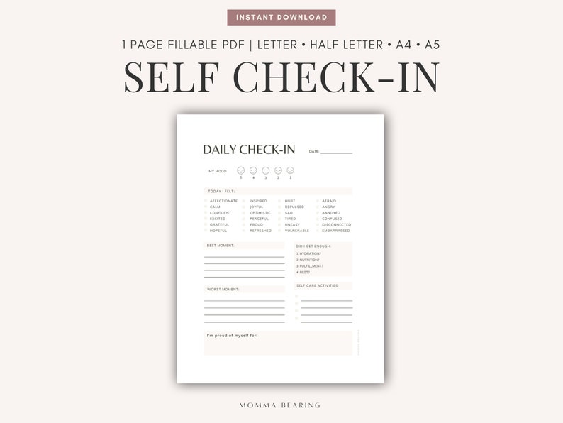 Daily Self Check In, Printable Mood Tracker, Wellness Worksheet for ...