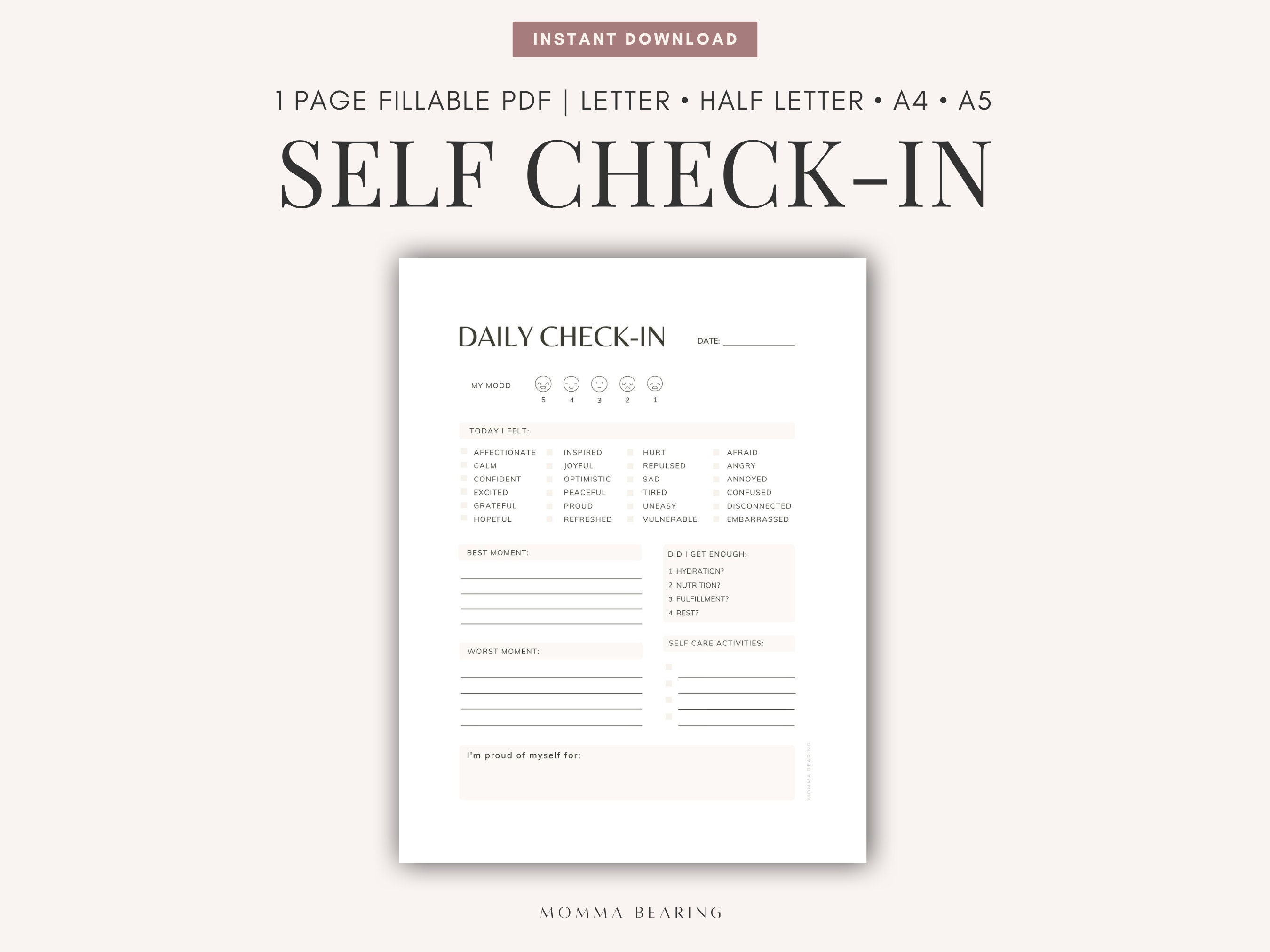 Daily Self Check In, Printable Mood Tracker, Wellness Worksheet for ...