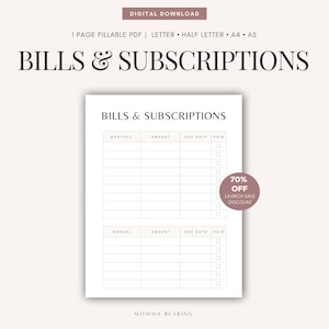 Bill and Subscription Tracker Printable, Monthly Recurring Bill Payment ...
