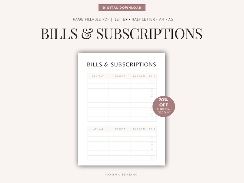 Bill and Subscription Tracker Printable, Monthly Recurring Bill Payment ...