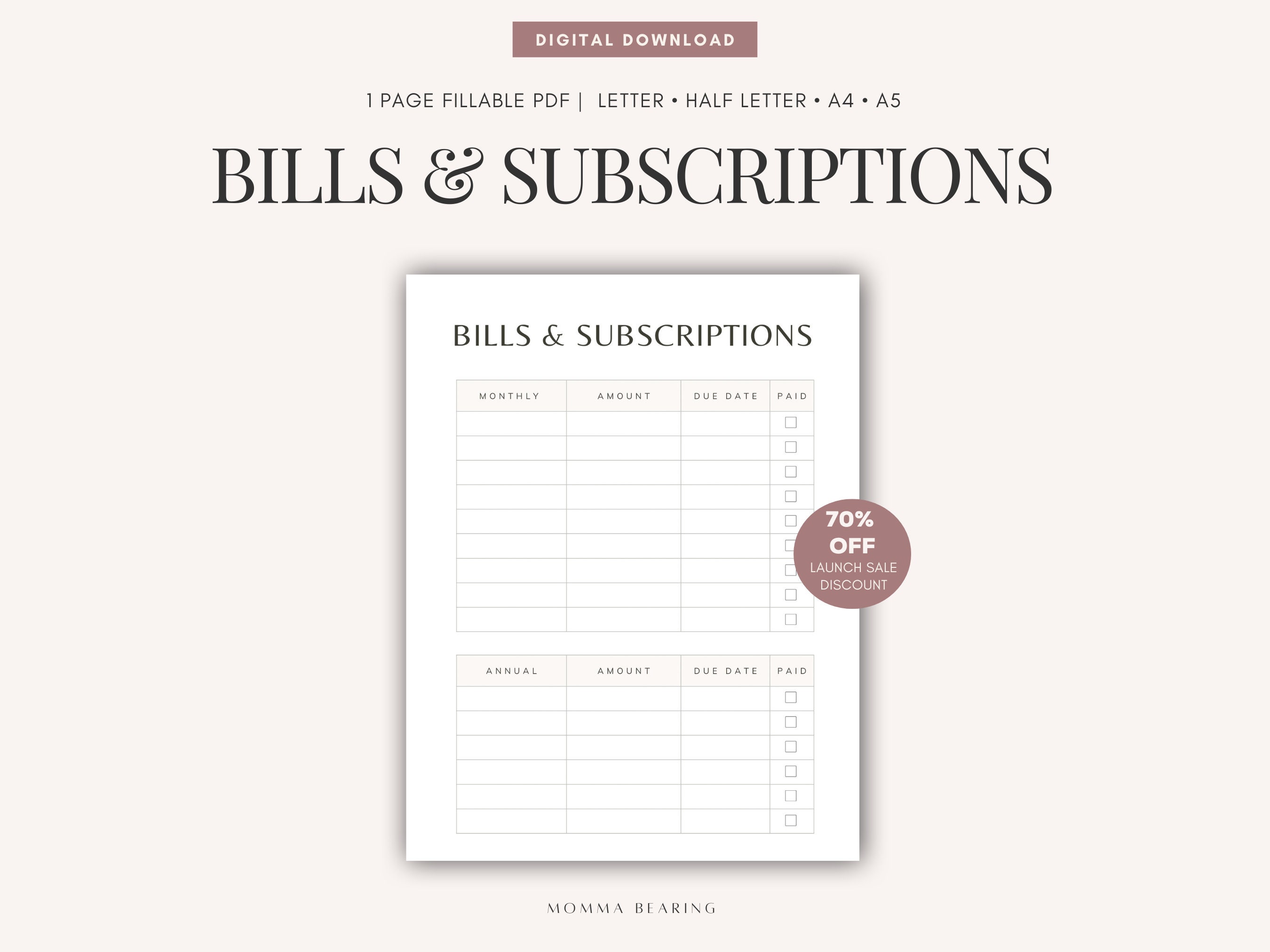 Bill and Subscription Tracker Printable, Monthly Recurring Bill Payment ...