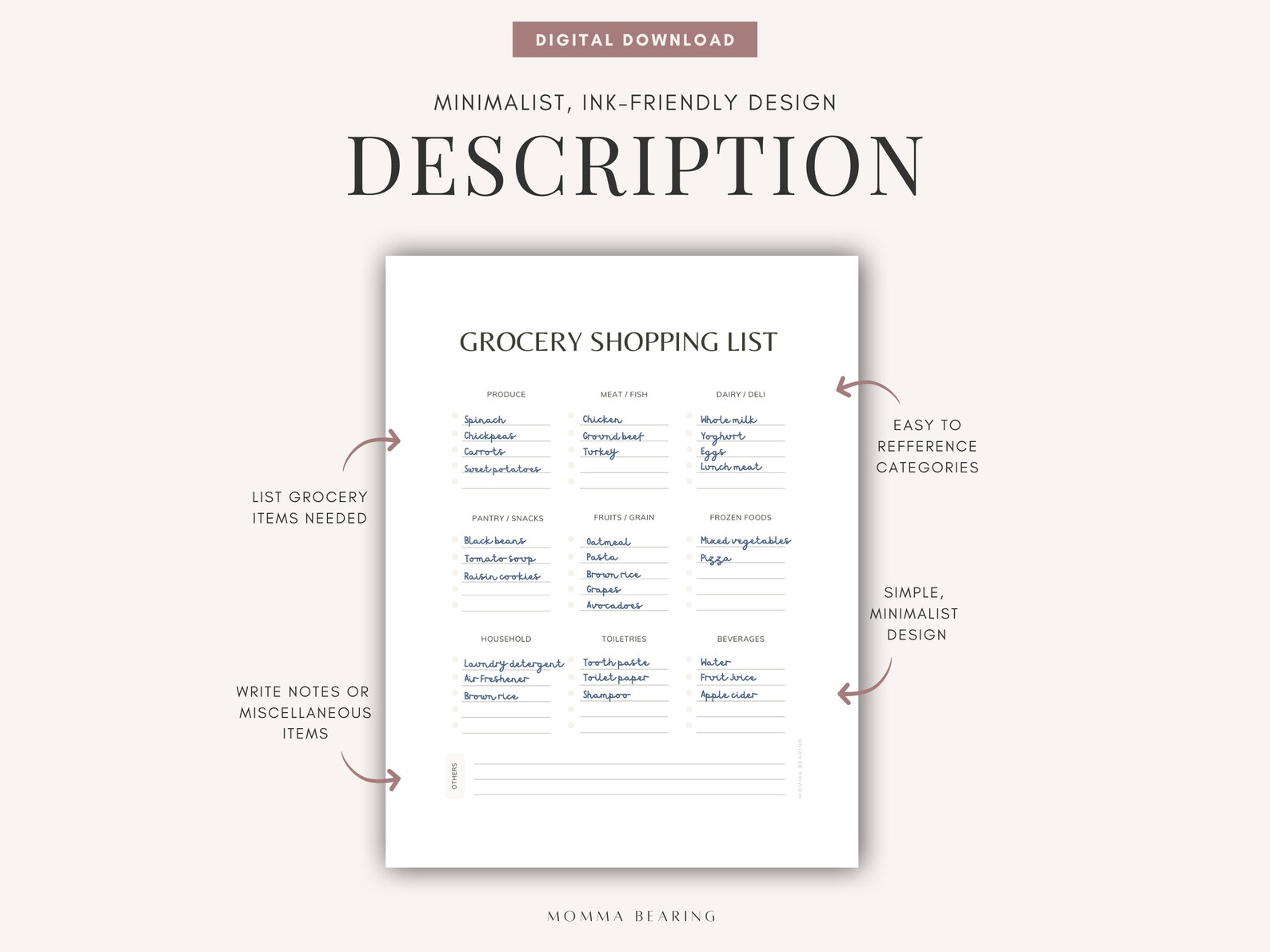 Grocery Shopping List Printable, Weekly Food Shopping PDF, DIY Kitchen ...