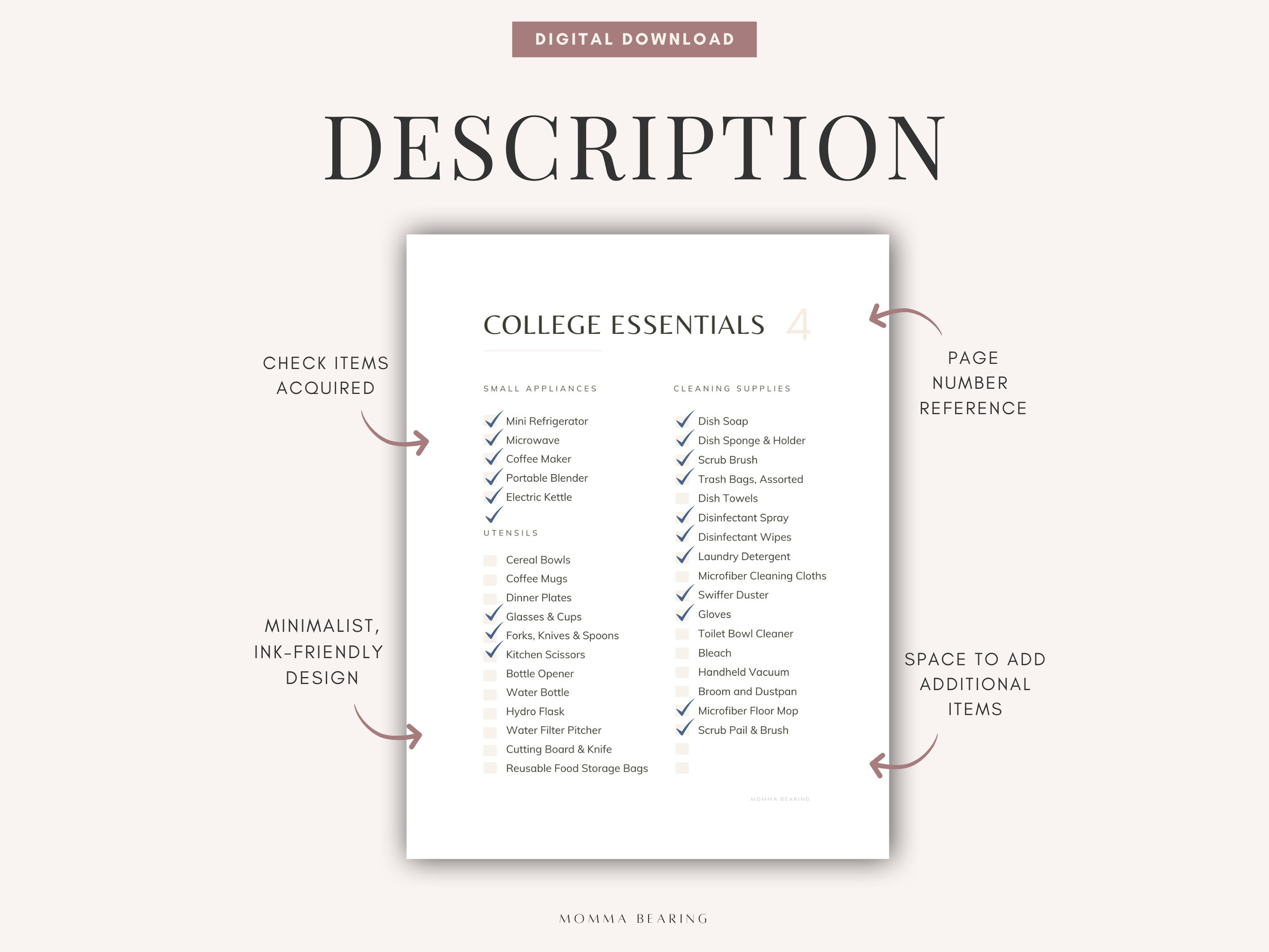 Best College Essentials Checklist, Printable Dorm Room Packing List A4 ...