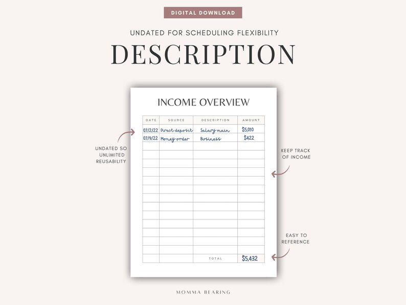 Income Overview Printable Income Tracker Money Management - Etsy