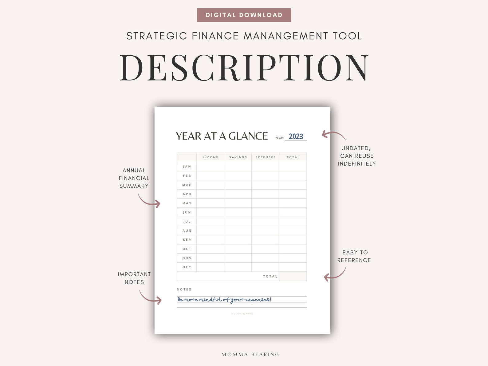 Yearly Financial Overview Printable, Yearly at a Glance, Annual ...