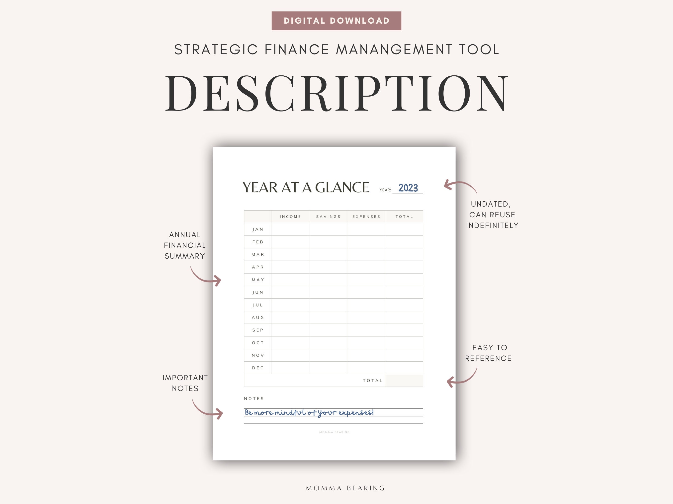Yearly Financial Overview Printable, Yearly at a Glance, Annual ...
