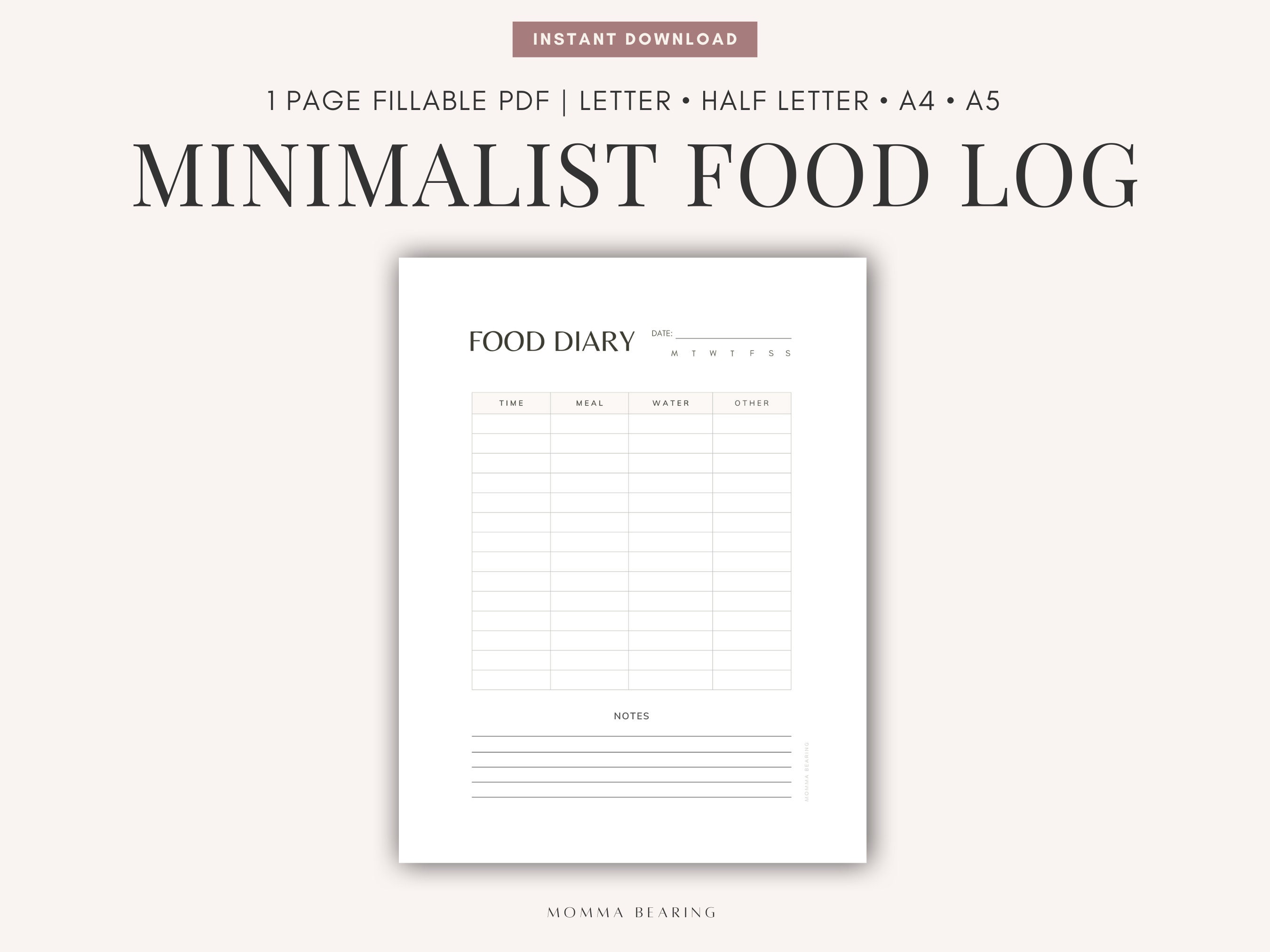 Minimalist Daily Food Log, Printable Nutrition & Water Tracker Template ...