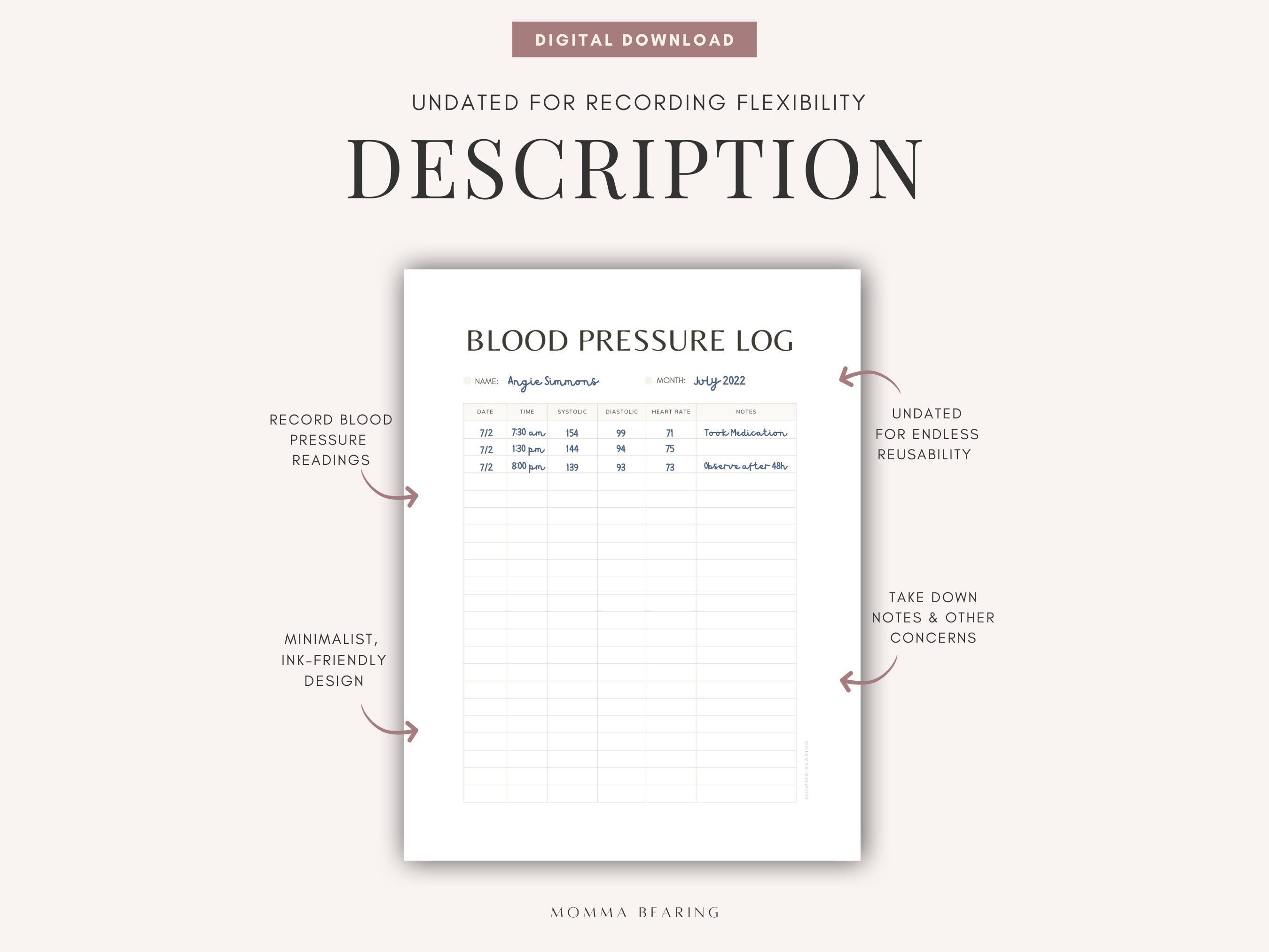 Blood Pressure Log Printable, Hypertension Tracker, Personal Health ...