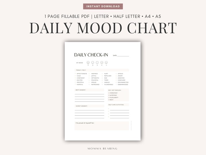 Daily Mood Chart Tracker, Printable Wellness Check In, Undated Morning ...