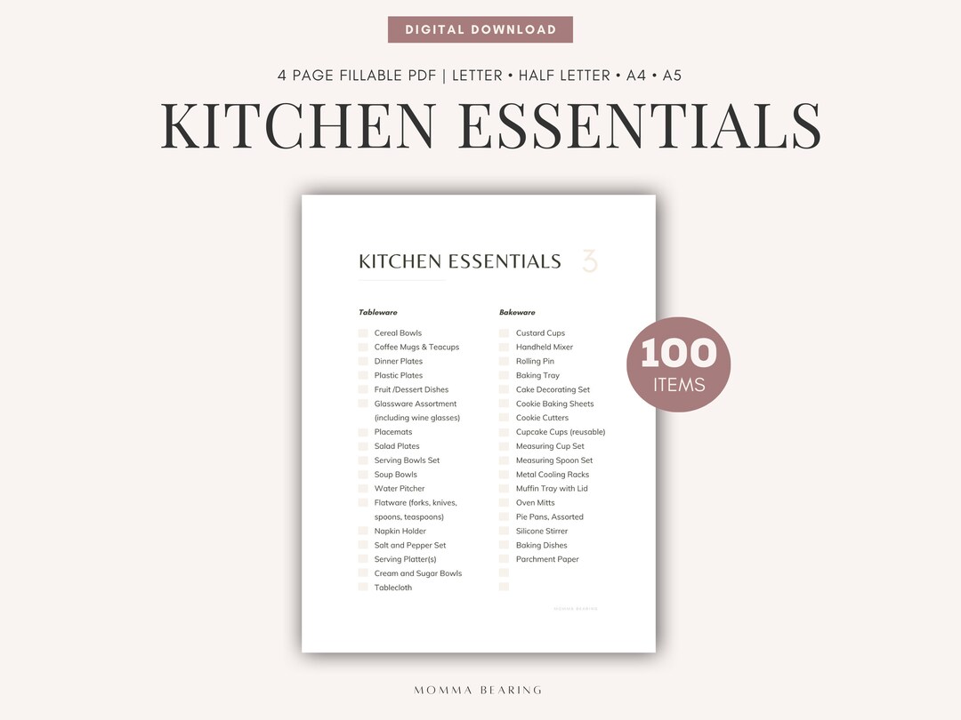 Kitchen Essentials Printable Checklist Kitchen Inventory - Etsy