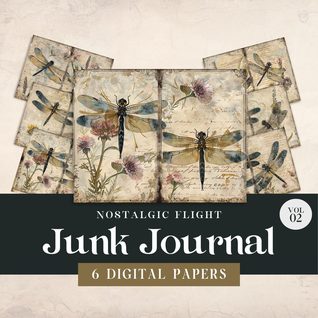 Vintage Dragonfly Digital Paper, Printable Dragonfly Junk Journal ...
