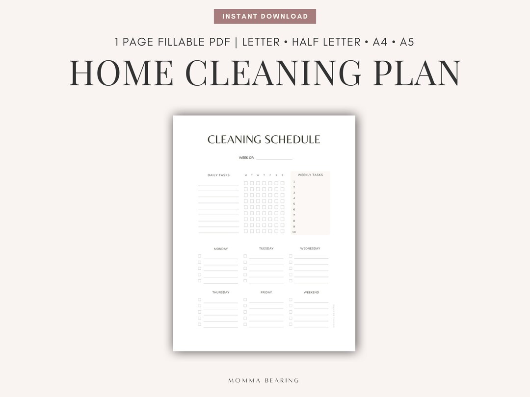Home Cleaning Editable Calendar, Printable Daily Housekeeping Schedule ...