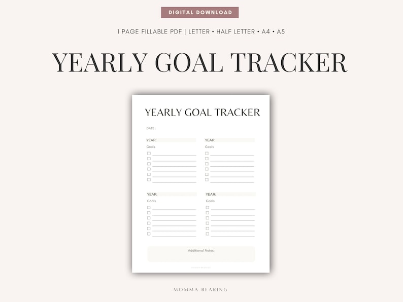 Yearly Goal Tracker Printable, Annual Goal Setting Kit 2024, 4 Year ...