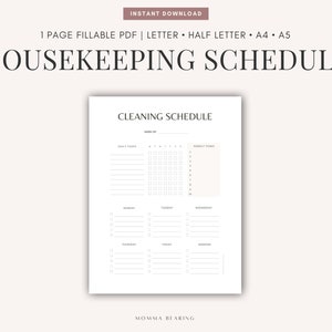 Daily Housekeeping Schedule Printable, Editable Weekly Cleaning ...