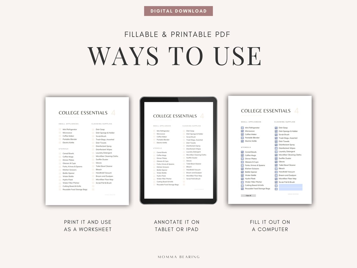 Best College Essentials Checklist, Printable Dorm Room Packing List A4 ...