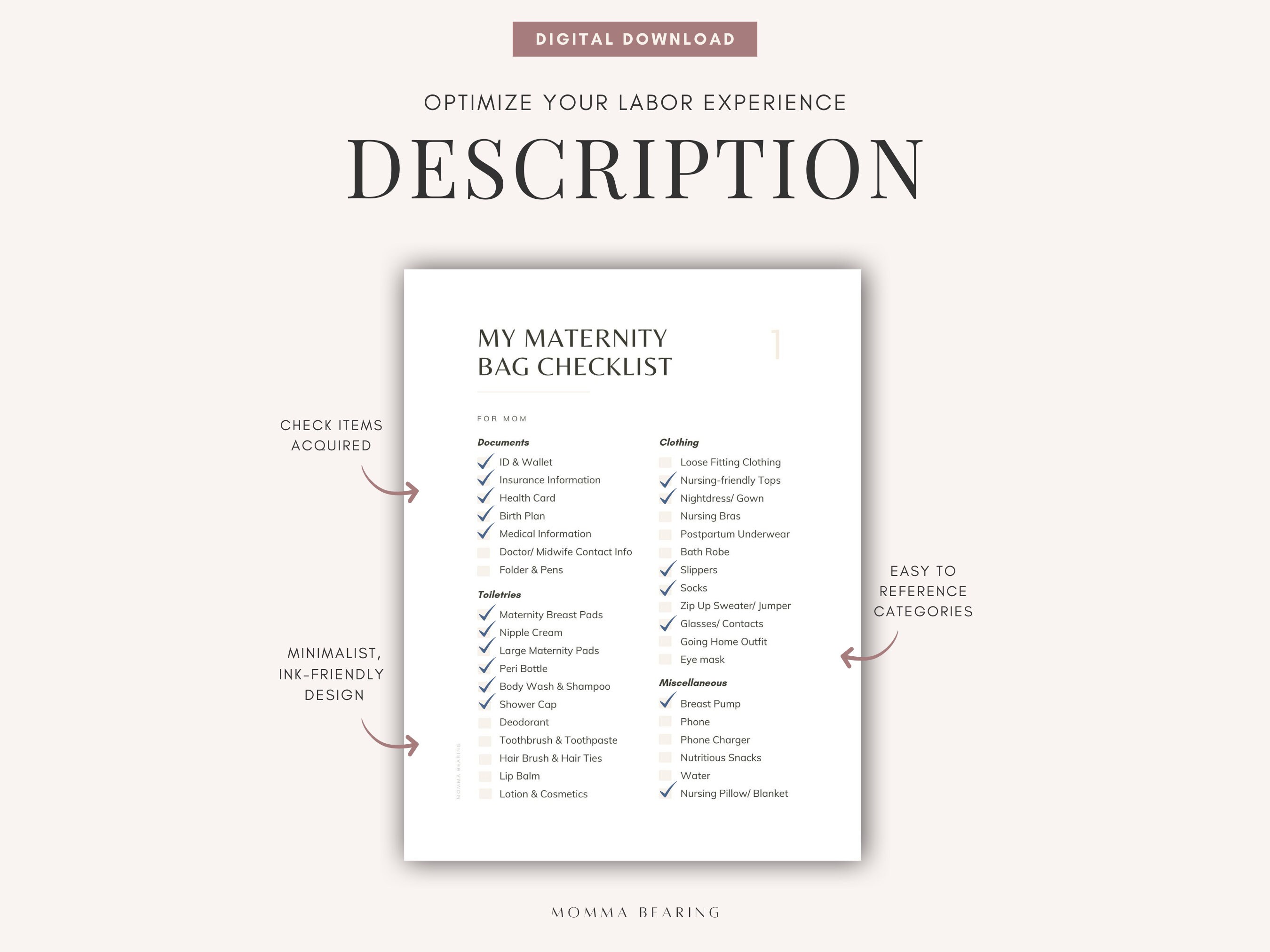 Maternity Bag Checklist Printable, Digital Hospital Bag Packing Guide ...