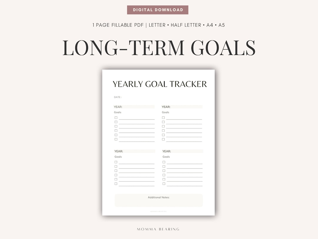 Long-term Goals Tracker, Printable 4 Year Plan, Goal Setting Worksheet ...
