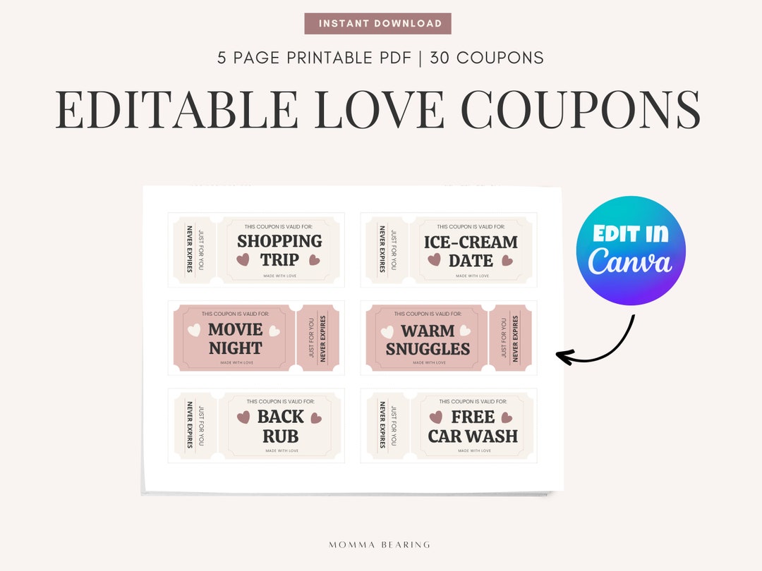 Editable Personalized Love Coupons, Romantic Last Minute Valentine's ...