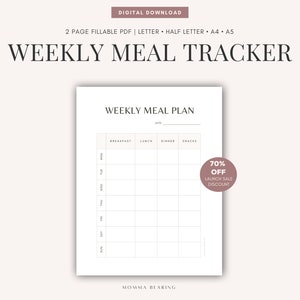 Weekly Meal Tracker, Printable Meal Tracker, Undated Food Journal Page ...