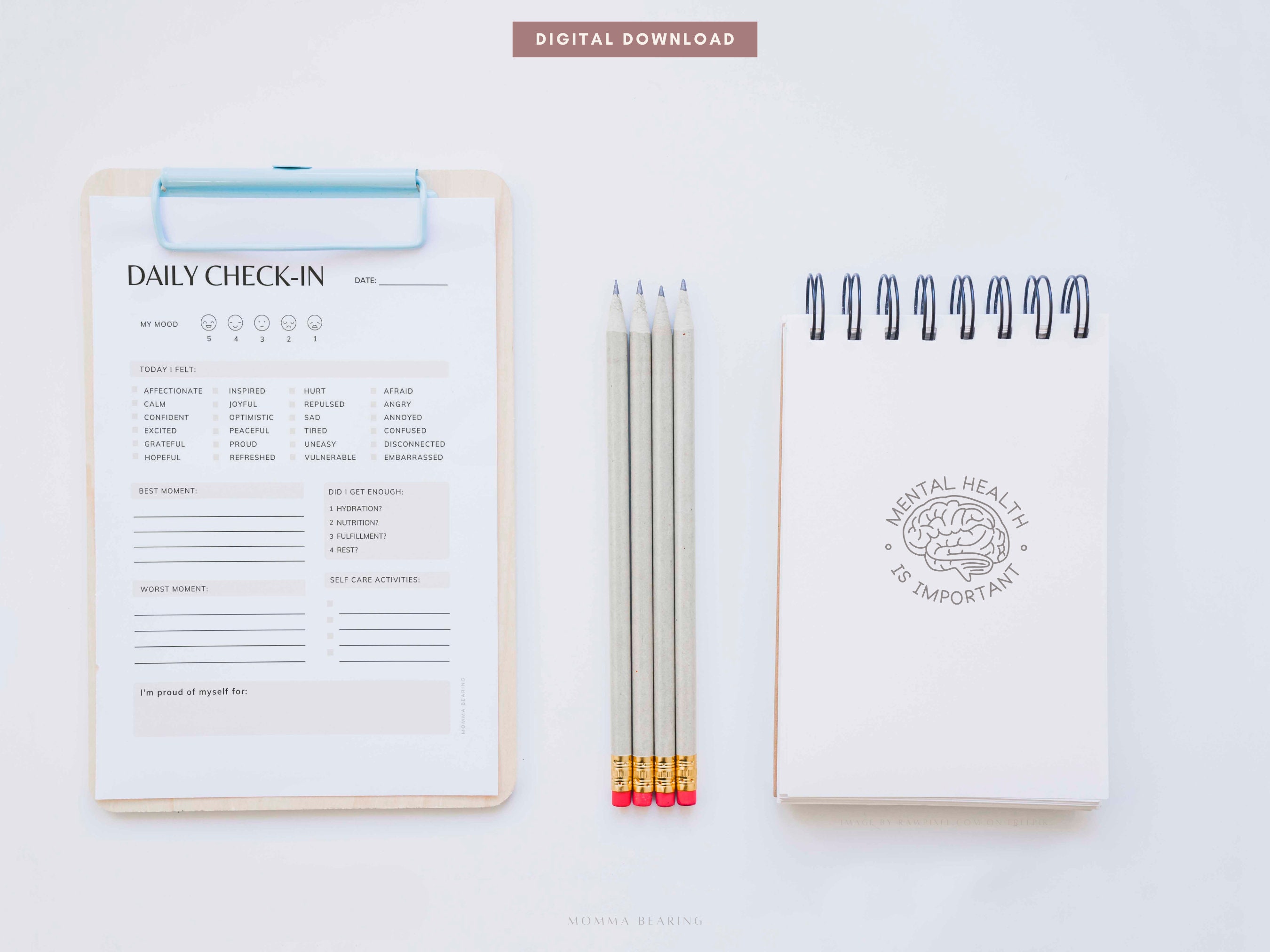 Morning Check-in Mood Tracker, Printable Daiy Reflection Page, Self ...