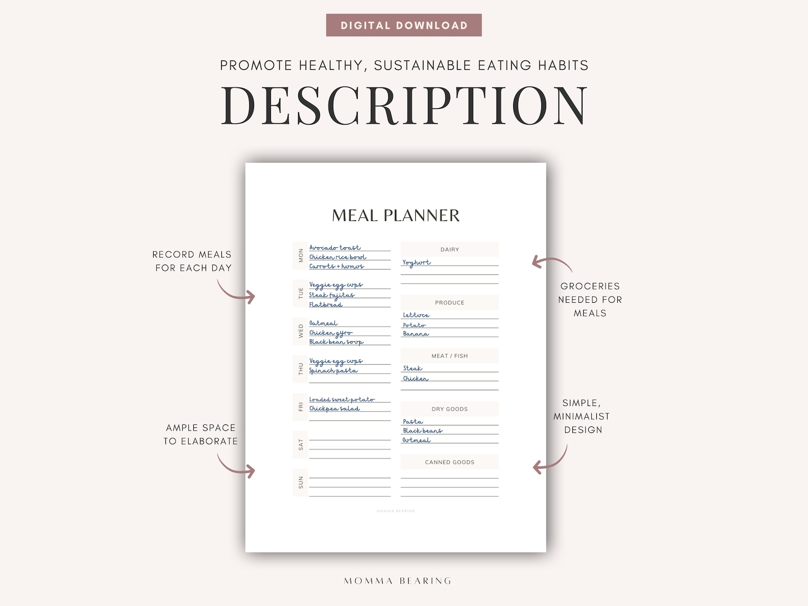 Simple Meal Planner Printable, Undated Weekly Healthy Meal Plan ...