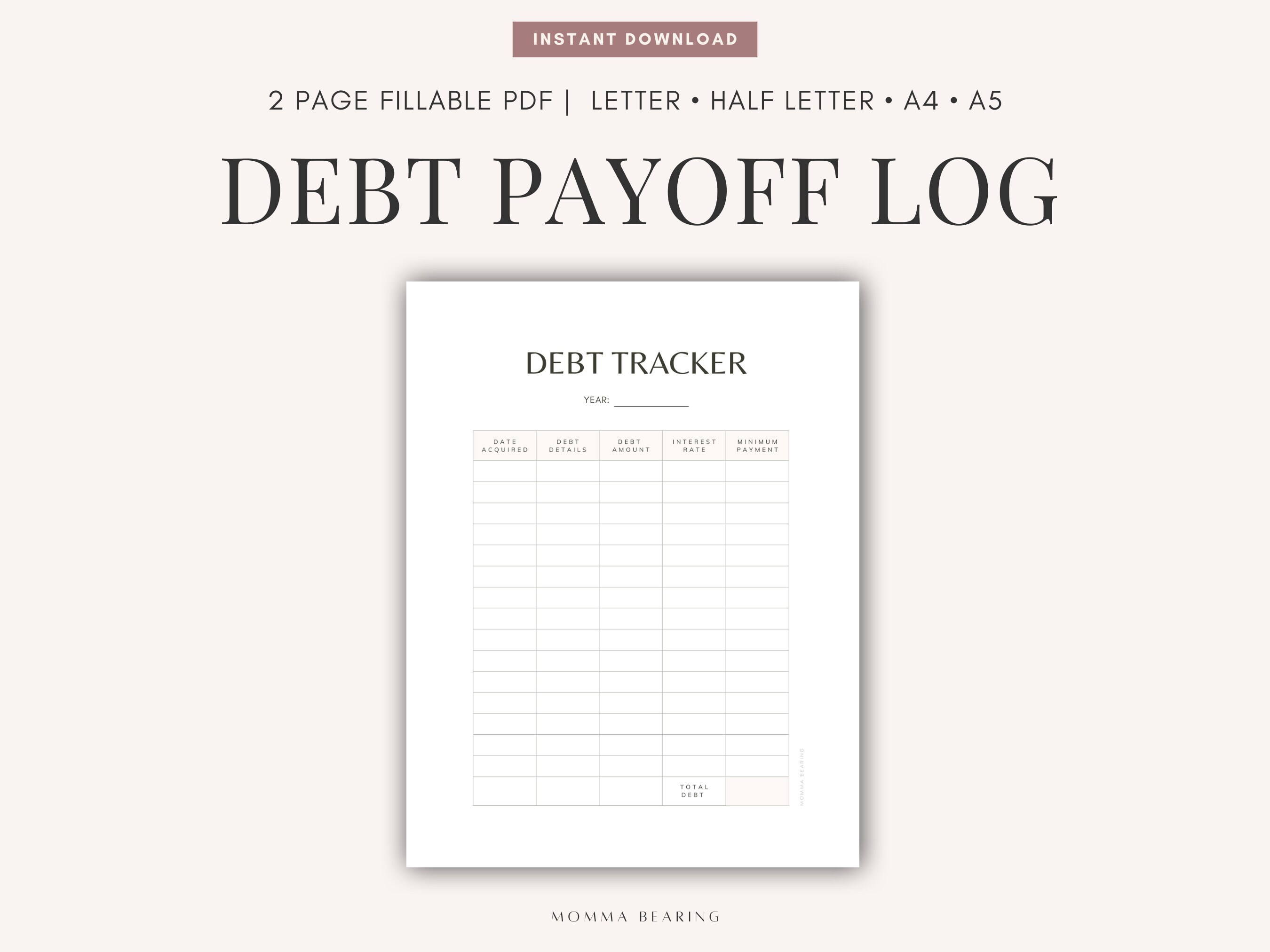 Printable Debt Payoff Log PDF, Digital Home Mortgage Tracker, Student ...