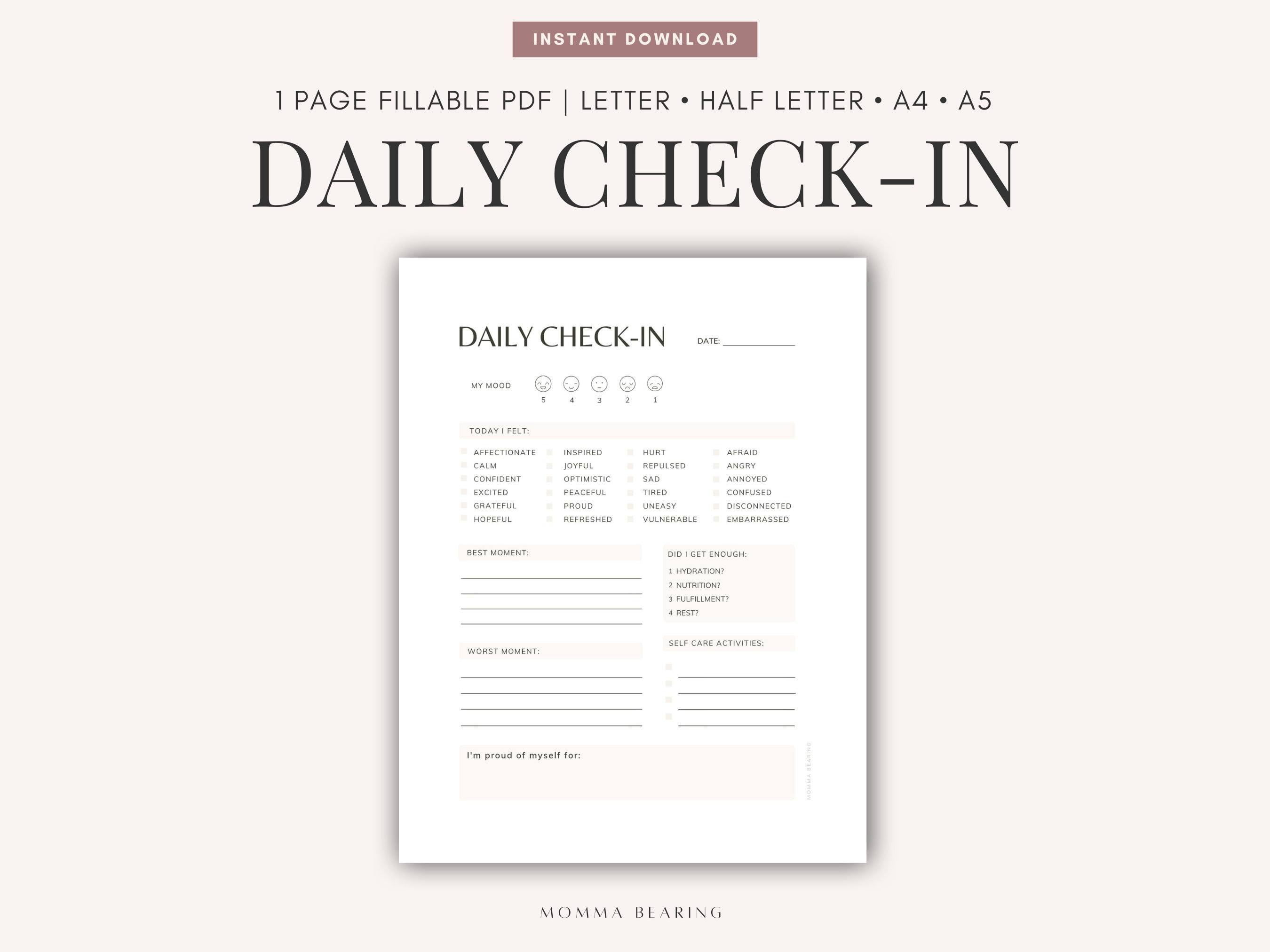 Daily Check-in, Mood Tracker Printable, Undated Mood Log, Wellness ...