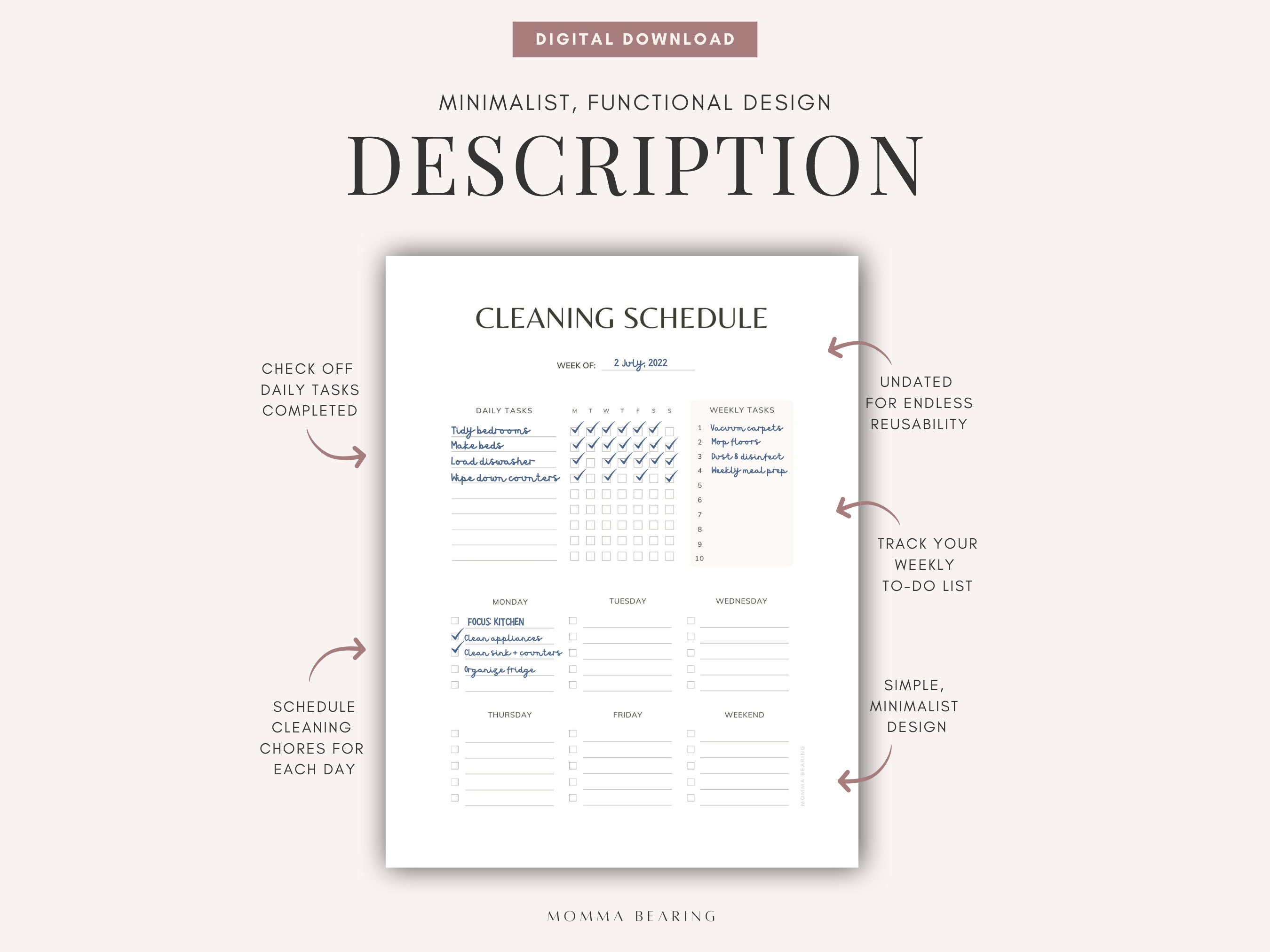 Home Cleaning Editable Calendar, Printable Daily Housekeeping Schedule ...