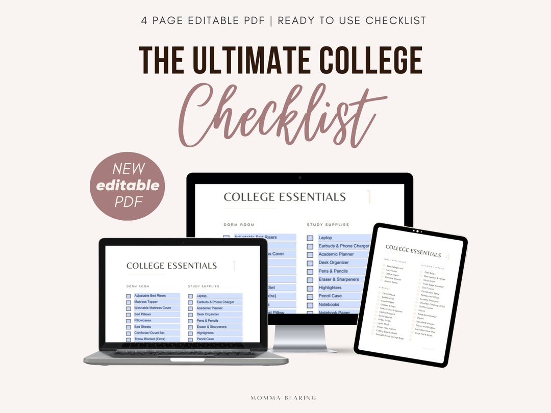 Editable College Essentials Checklist, Best Dorm Room Packing List A4 ...